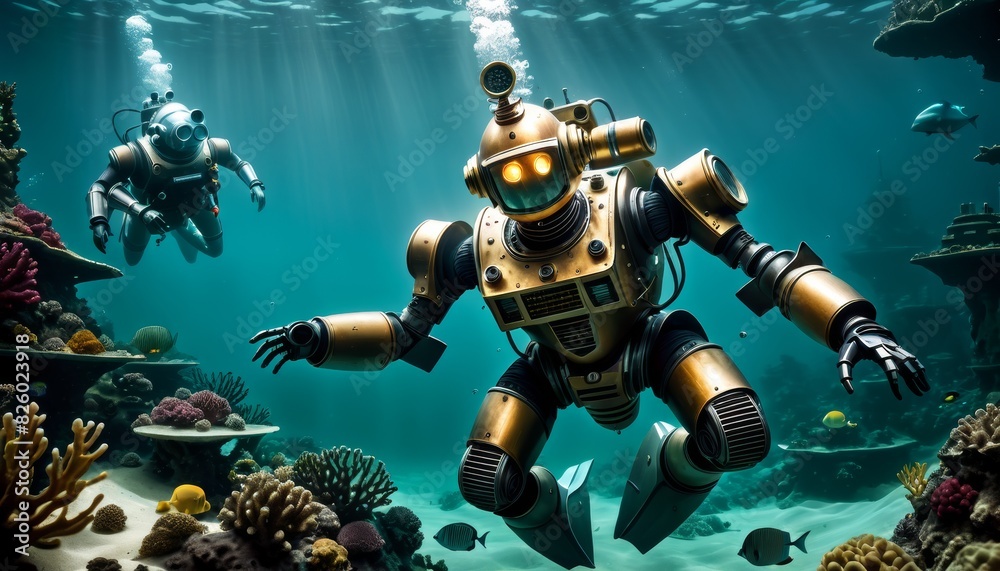Two vintage robots styled as deep-sea divers explore an underwater ...