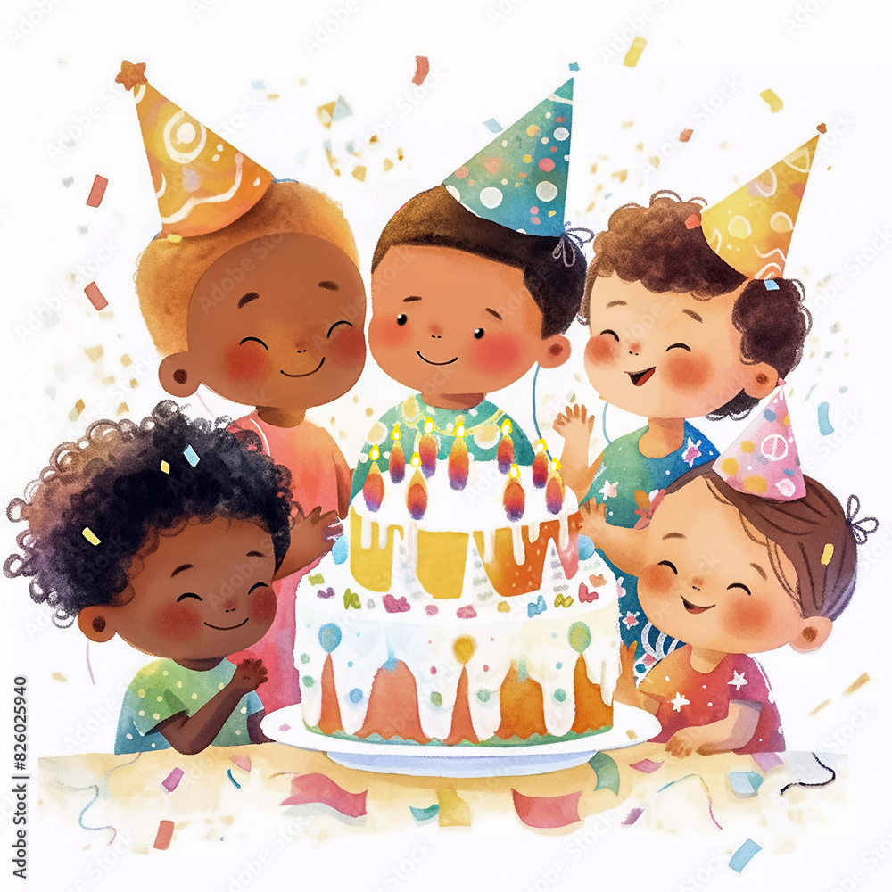 Cartoon happy little children celebrating birthday with cake and confetti. Kids birthday party ...