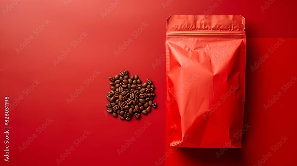 Featured in a flat lay are a red coffee bag, a blank label, product ...