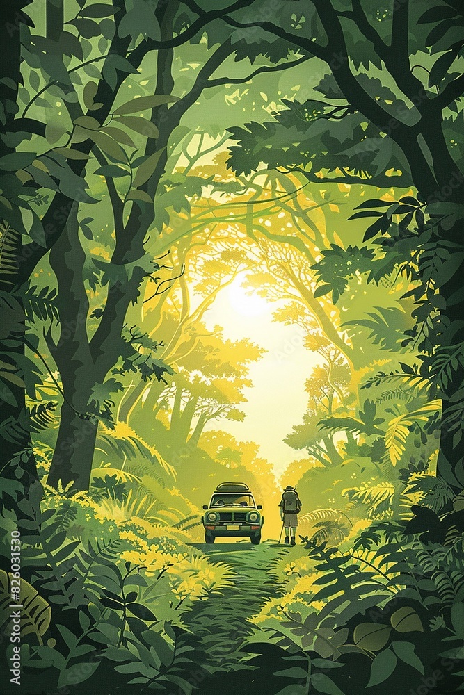 Hikers and a car at a trailhead in a dense forest, sun filtering ...