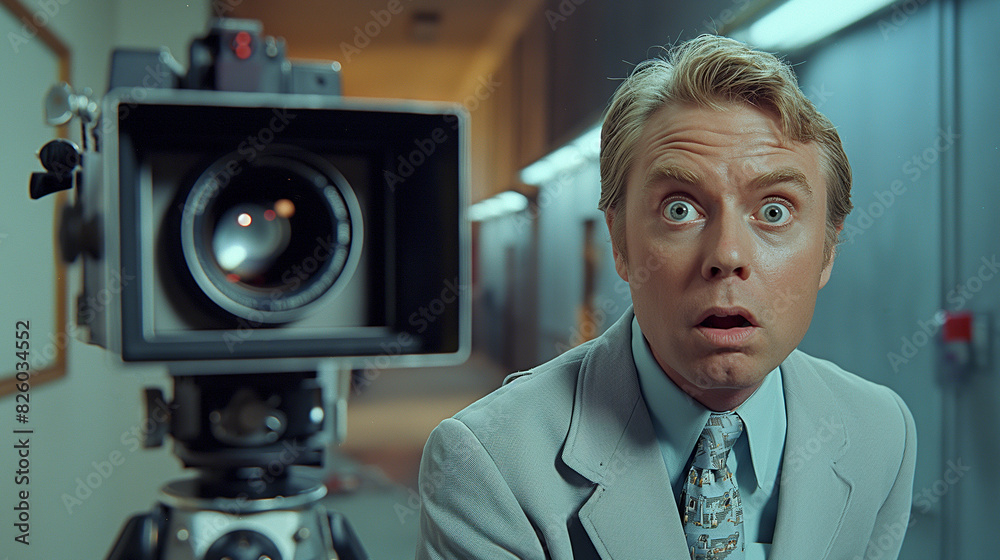 80s news video camera recording with an expression of amazement, Mike ...