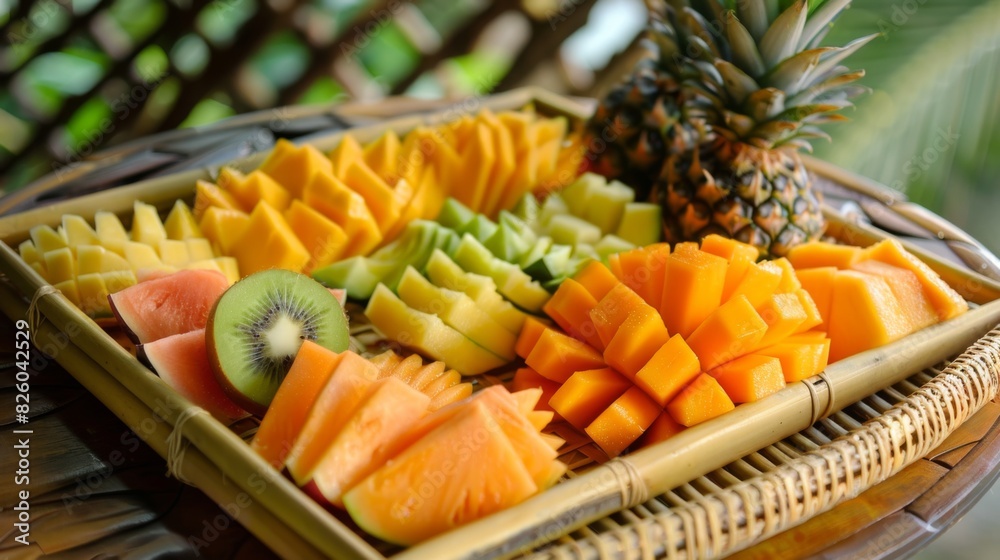 A tropical fruit platter featuring fresh slices of mango, papaya ...