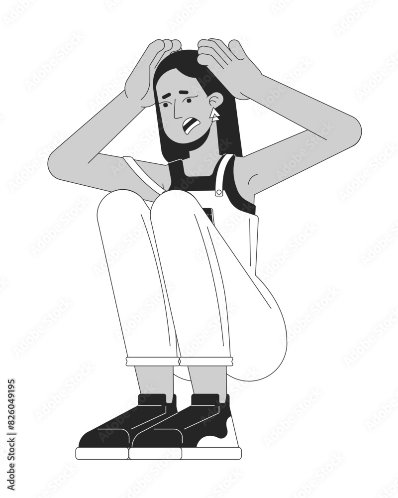 Vetor de Stressed arab woman covering head black and white 2D line ...