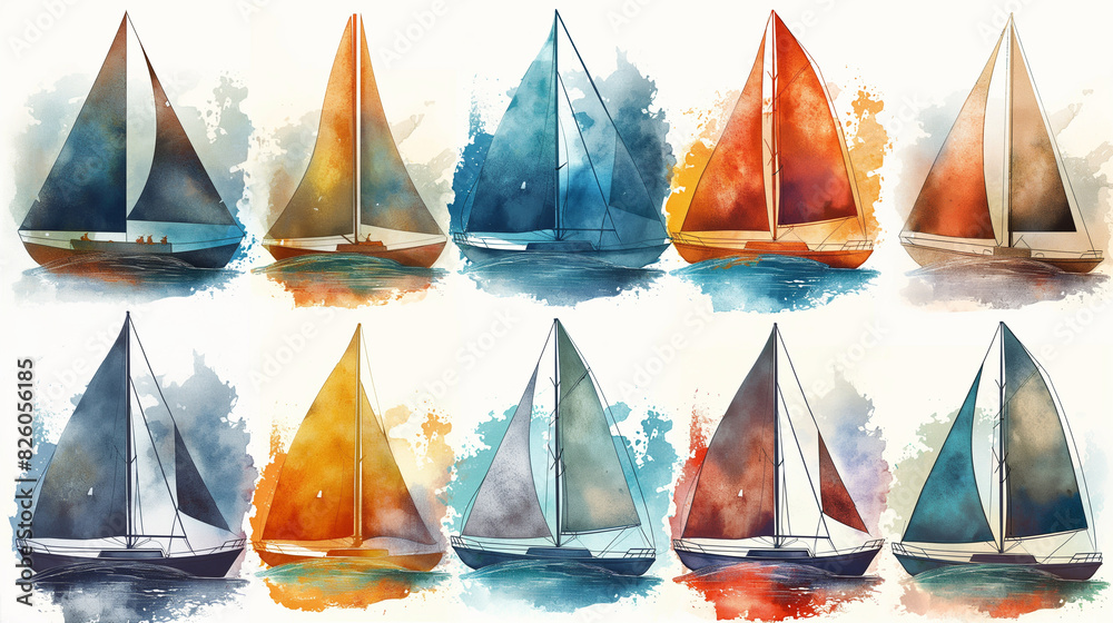 several different colored sailboats are shown in a row on the water ...