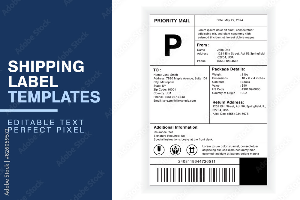 Simple Custom Shipping Label Design Template with Sender, Recipient ...