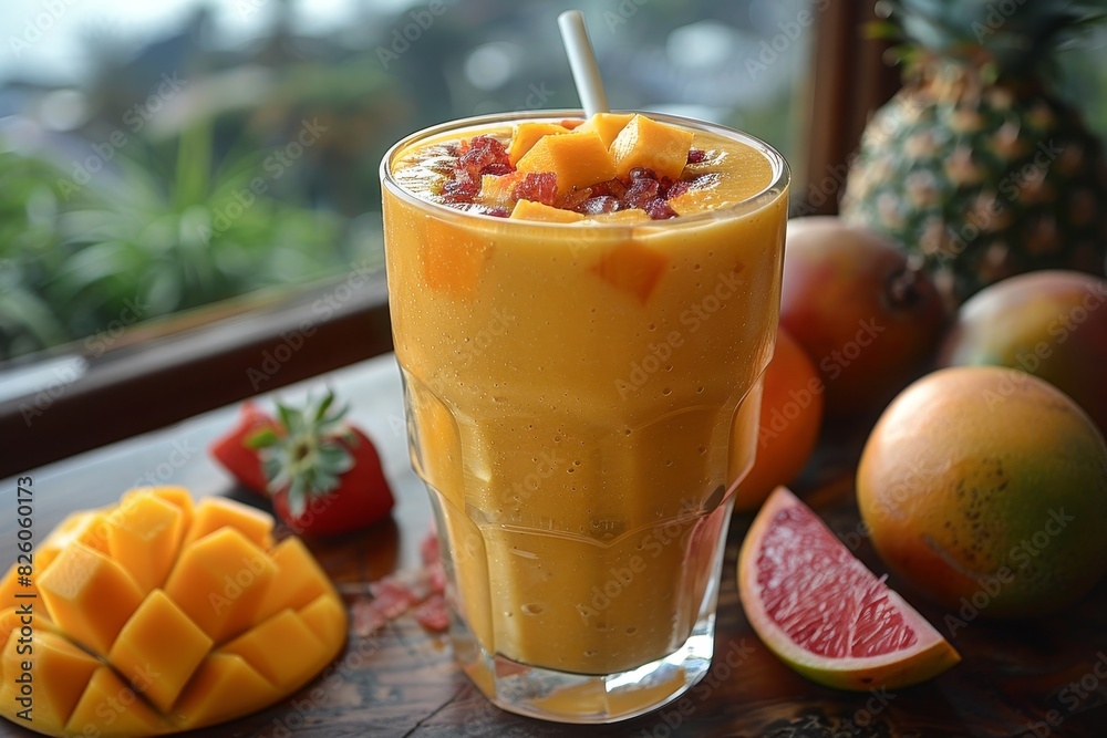 Tropical Mango Smoothie - Bright orange color with chunks of mango and ...