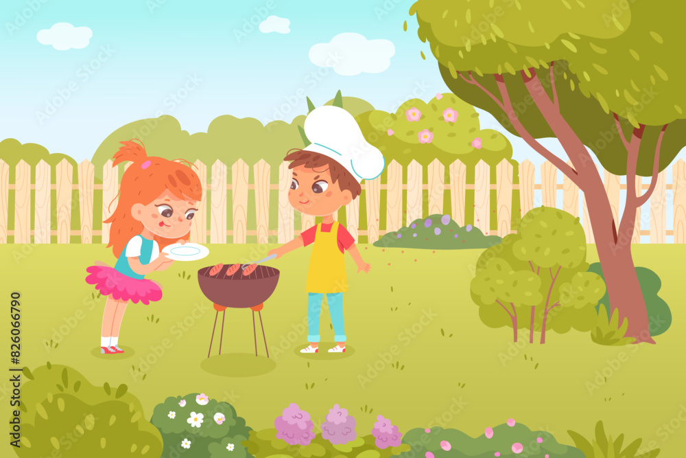 Children on barbecue party in garden backyard. House yard with kids ...