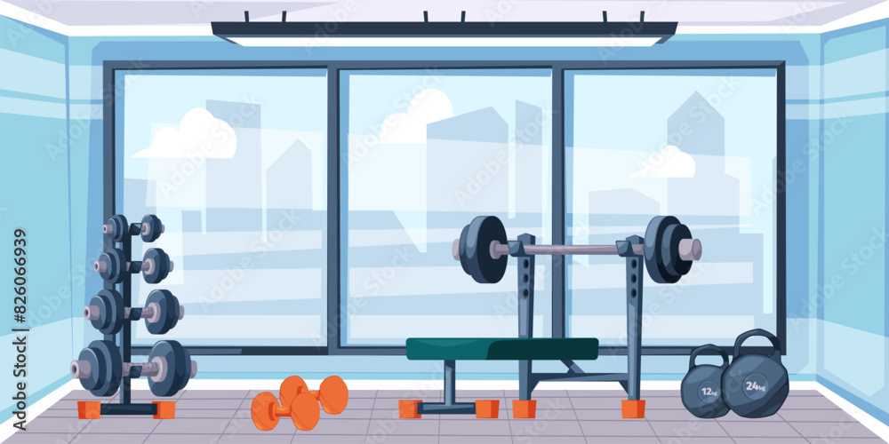 Fitness gym interior background. Gymnasium room with sport equipment ...