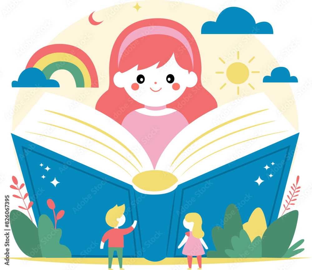 Cartoon illustration of happy children reading a book together Stock ...