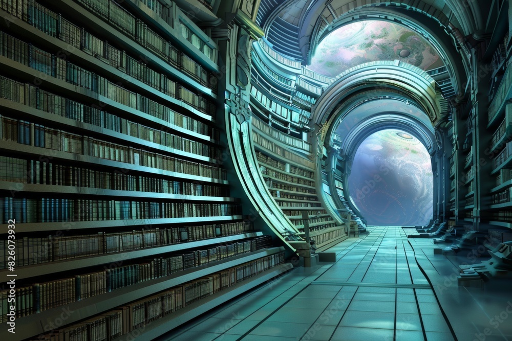 An expansive futuristic library corridor rendered with shelves of books ...