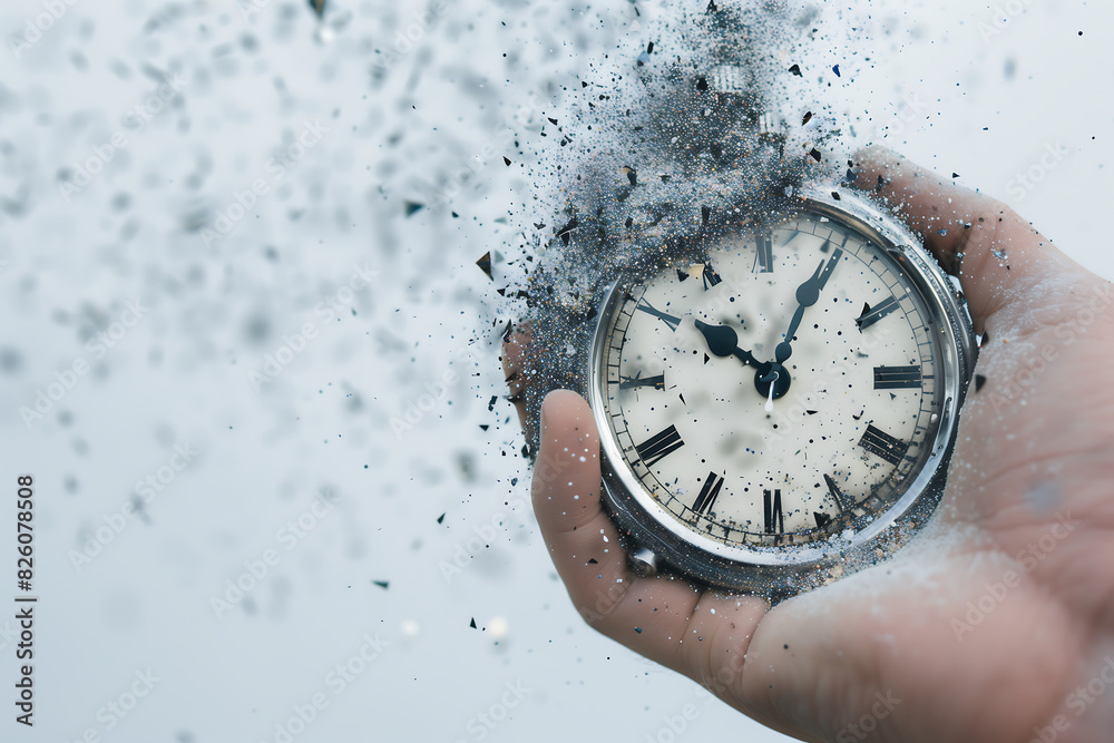 hand holding clock fading into pieces on blue background Don't waste ...