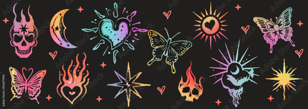 Doodle colorful grunge rock set, graffiti groovy vector punk heart ...