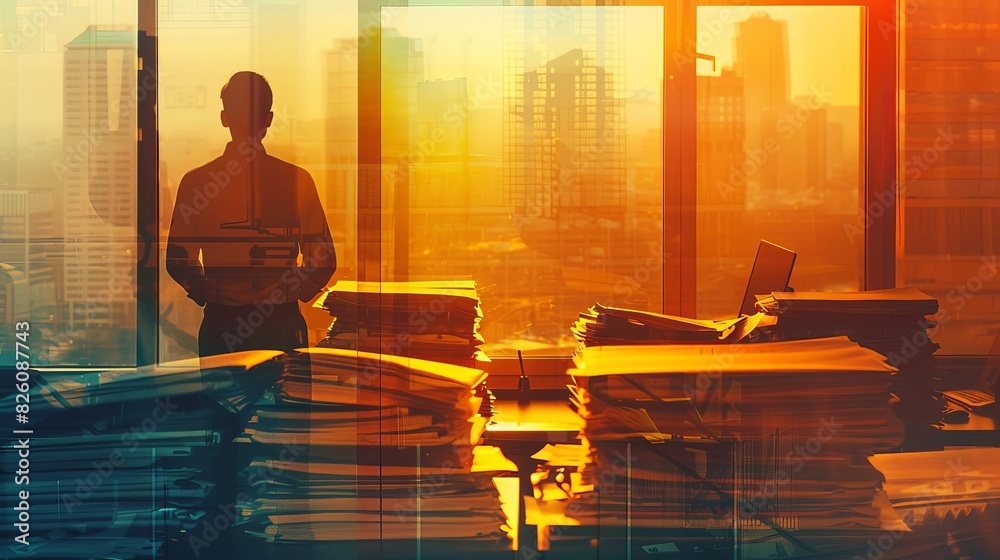 Silhouette of a person standing in a sunlit office surrounded by stacks ...