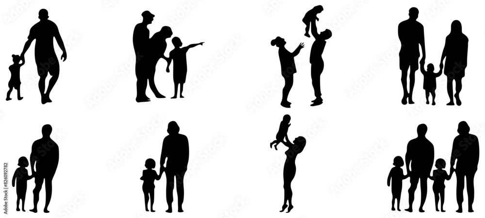 Family silhouette collection in black. Black silhouettes of families in ...
