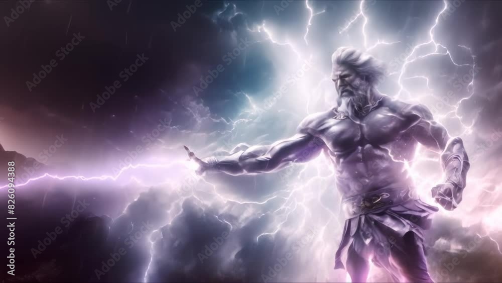 Zeus, the Greek god of thunder and lightning, depicted on Mount Olympus ...