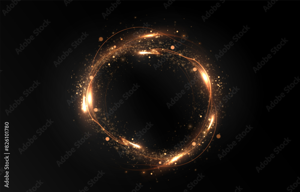 Vector light line effect of golden circle. Luminous fire trail on a ...