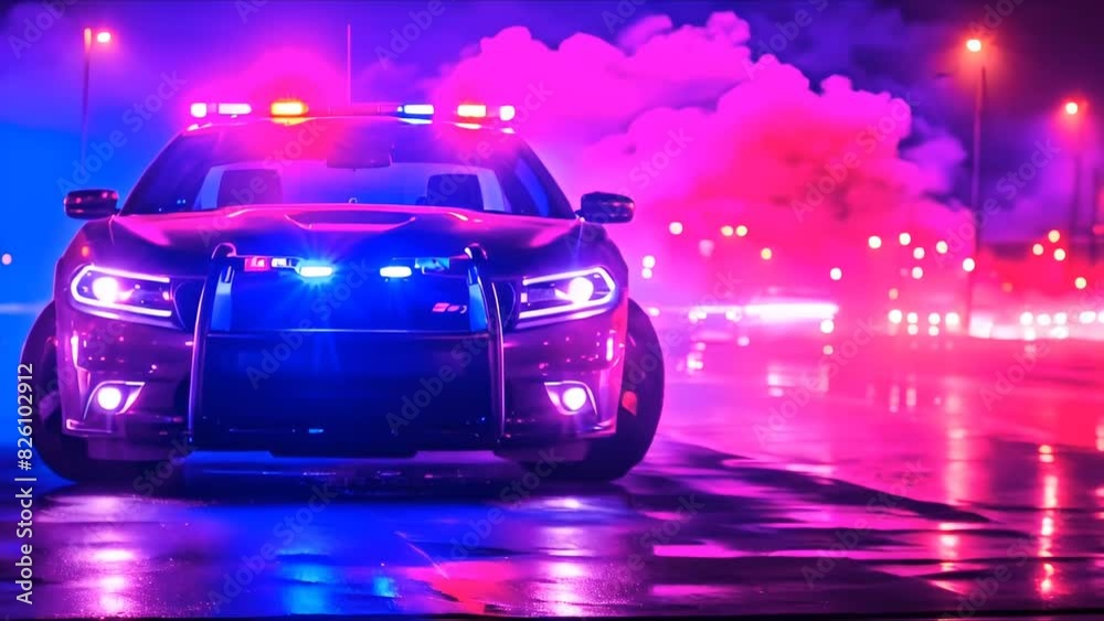 City police car with red and blue flashing lights on patrol. Concept ...