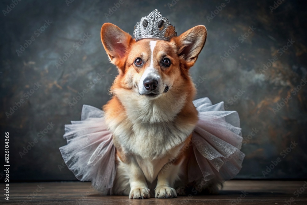 A beautiful portrait of a cute red Welsh Corgi dog, dressed in a pink ...