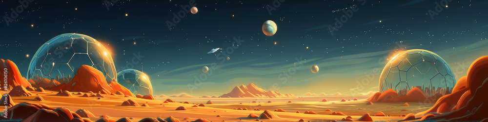 Alien vista illustration; futuristic geodesic domes for martian ...