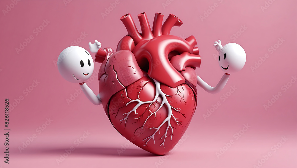 A 3D cartoon illustration of a human heart against a pink background ...