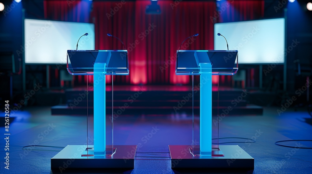Empty podiums under spotlights on a dark stage with red curtains. Ready ...
