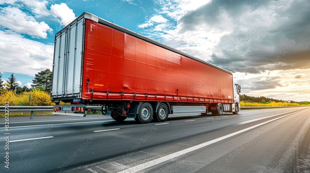 Red truck on highway, logistics transport, freight transport, road ...