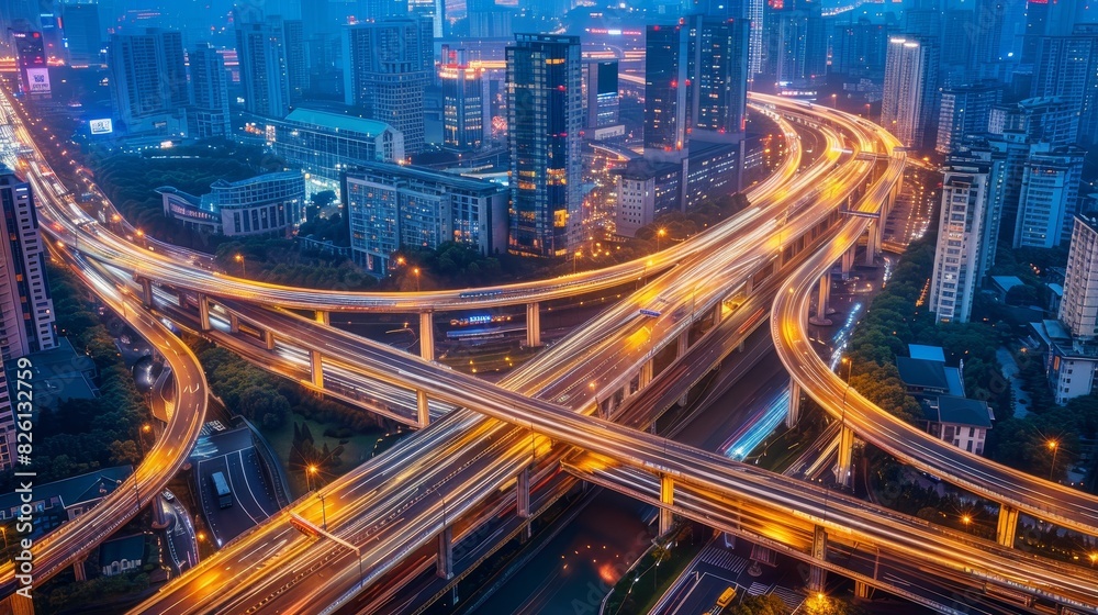 Aerial view of city highway interchange at night, urban logistics, road ...