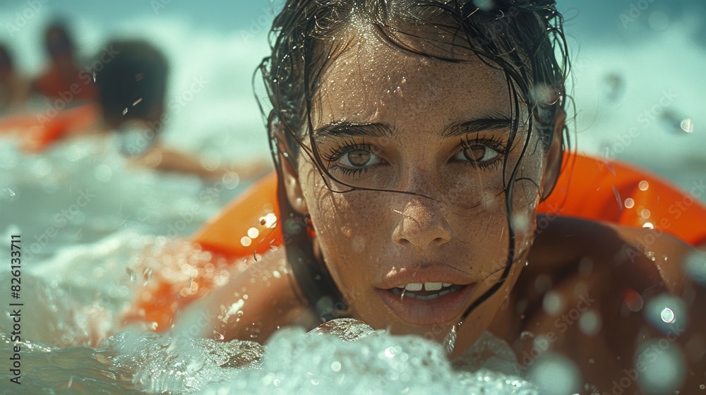 beach rescue, focused middle-eastern female lifeguard heroically ...