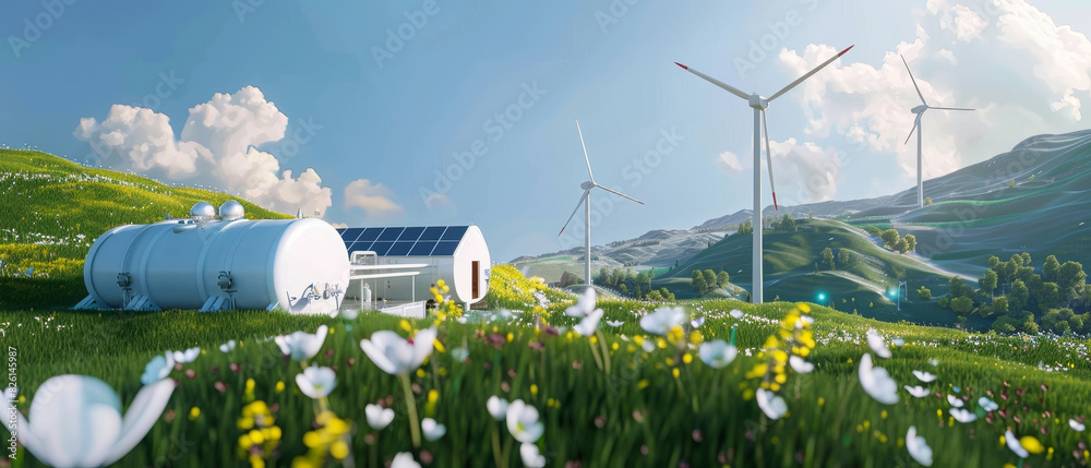 Highres image, H2 white gas tanks clipped to solar panels and wind ...