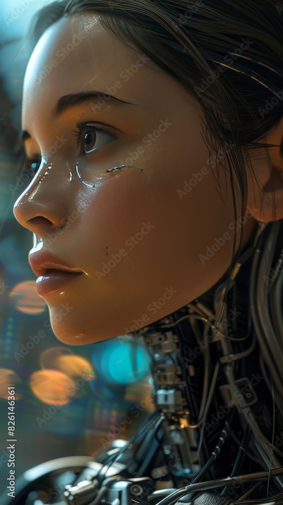 Detailed robot face with helmet showing jaw, ear, eyelash, and other ...