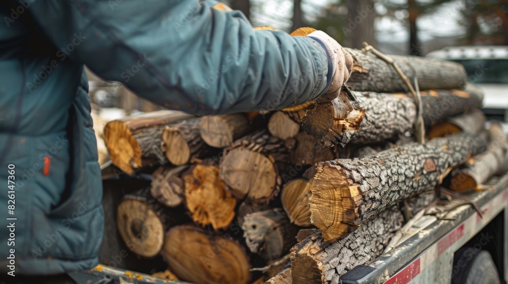 An individual carefully loading a pickup truck with large logs making ...