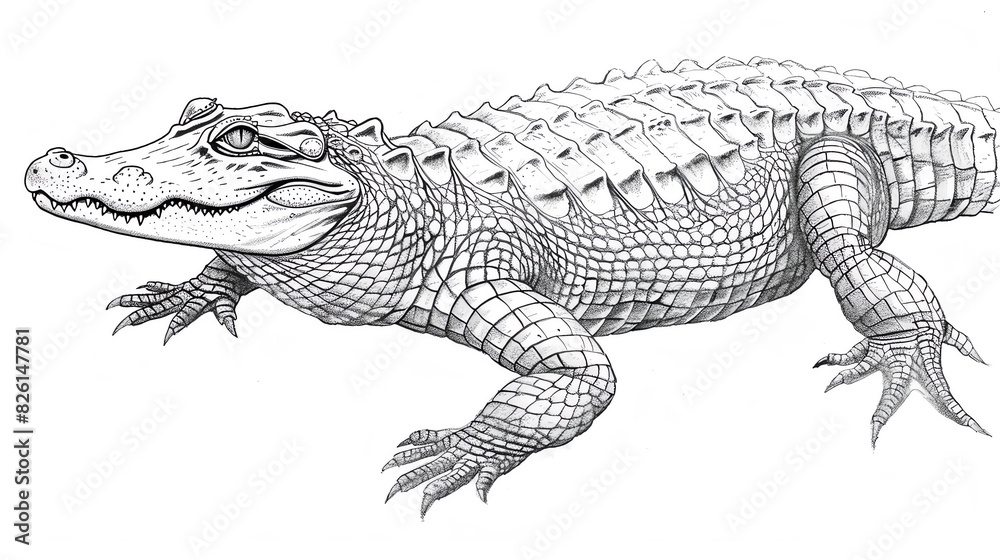 A detailed line drawing of an alligator. The alligator is facing the ...