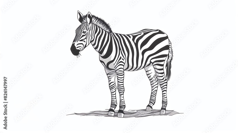 Detailed line drawing of a standing zebra, facing left on white ...