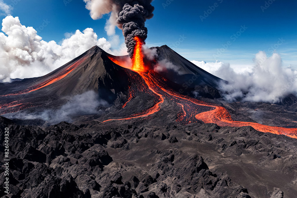 View of volcanic eruption, volcanic lava up from crater above, clouds ...