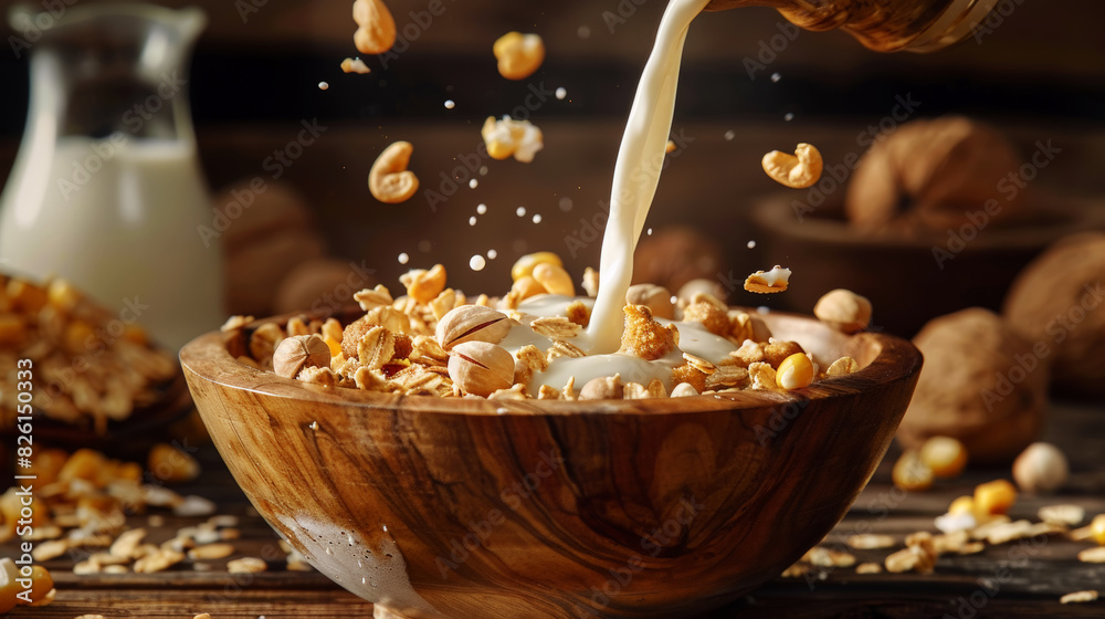 Milk is poured in cornflakes in wooden bowl. Exploding of cornflakes ...