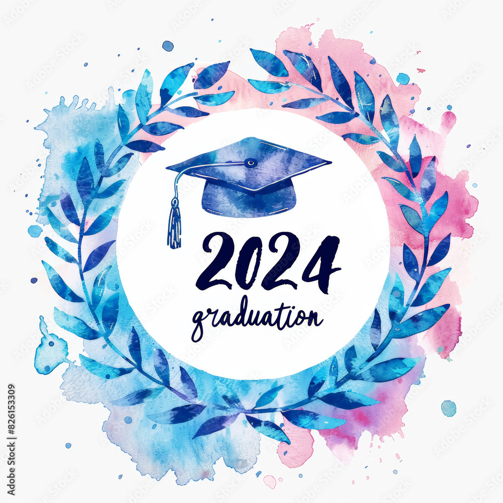 Aesthetic watercolor Class of 2024 emblem, graduation cap with laurel ...