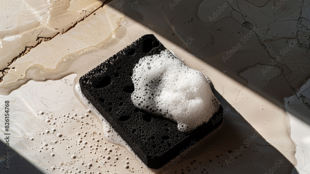 Top view of black sponge with soft soap foam onligh bathroom backdrop ...