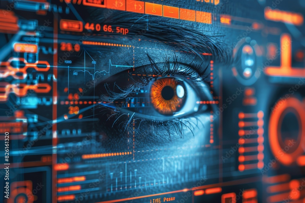 High tech interface with a focus on a digital eye, surrounded by ...
