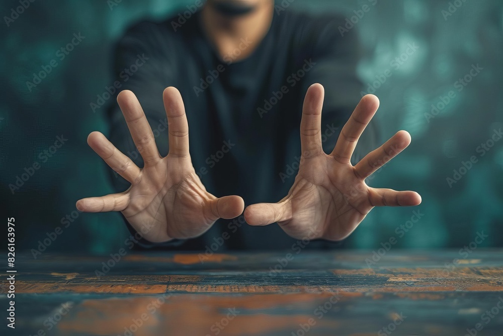 Person extending both hands forward over a rustic table, conveying a ...