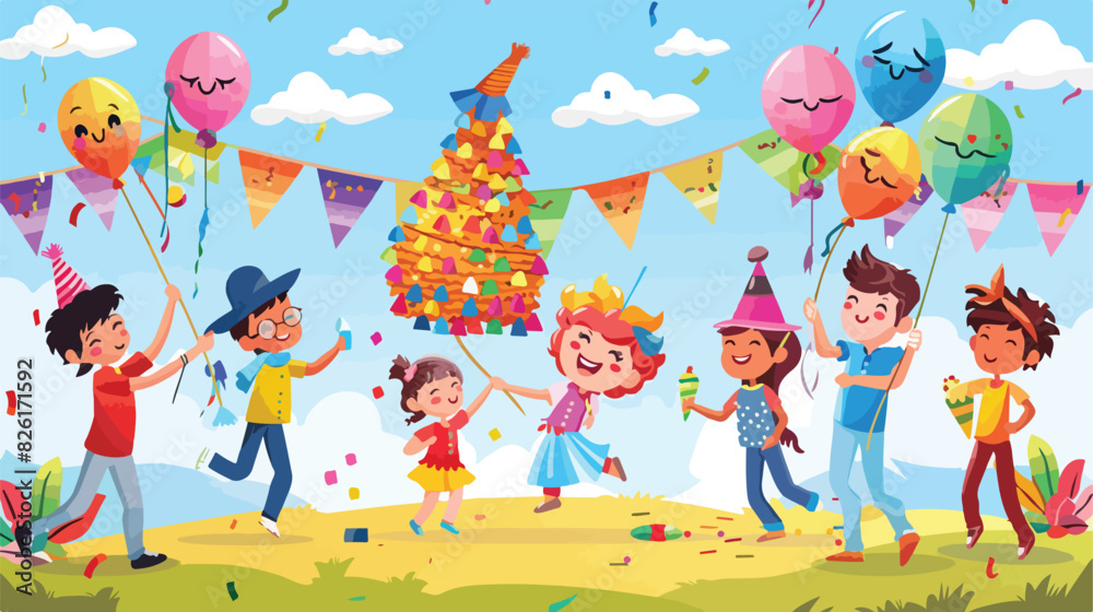 Pinata game. Kids in blindfold hitting pinatas mexican Stock Vector ...