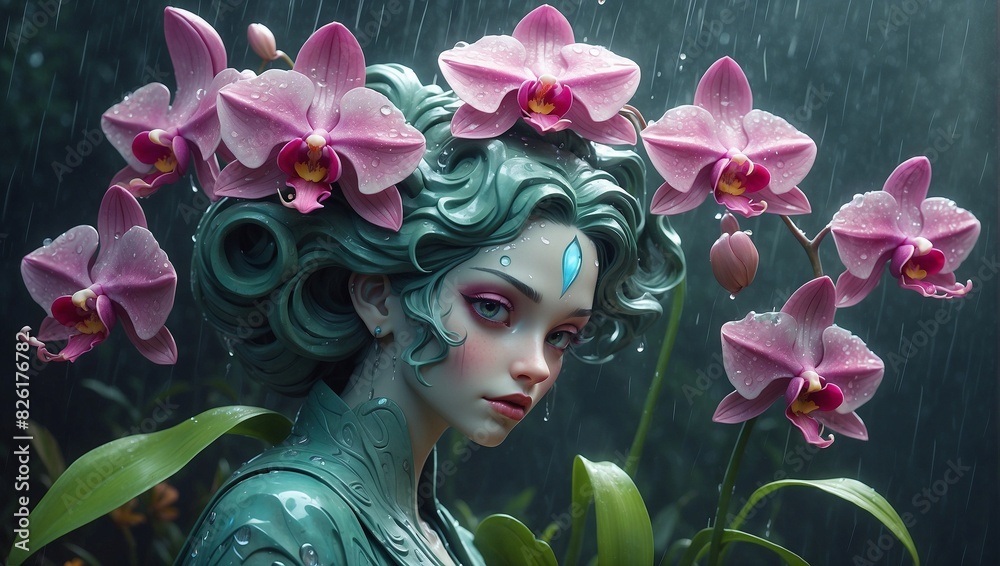 Beautiful floral female nymph under rain fantasy art concept Stock ...