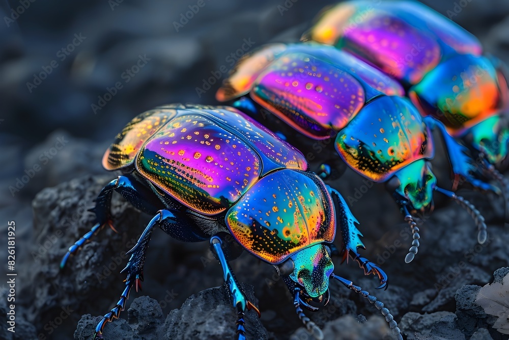 Foto de vivid color holographic beetles at black background of nature ...
