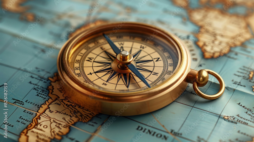 An old antique compass on a paper map with a blue and gold background ...