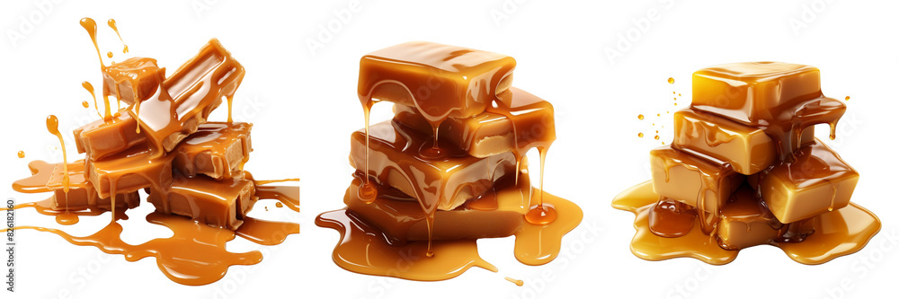 Set of A of molten caramel blocks, dynamic in their rich details and ...