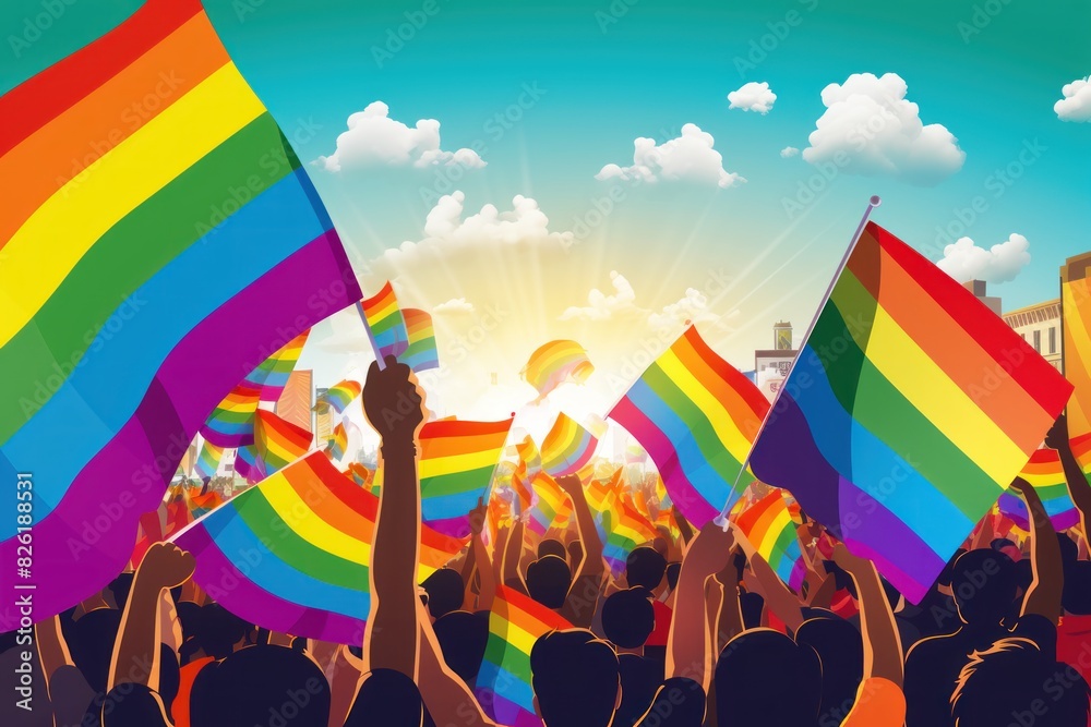 Group of young activist for lgbt rights with rainbow flag. pride month ...