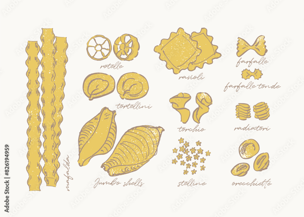 Sketchy drawing of different pasta types, hand drawn pasta guide Stock ...