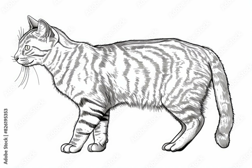 Detailed black and white illustration of a striped house cat in profile ...