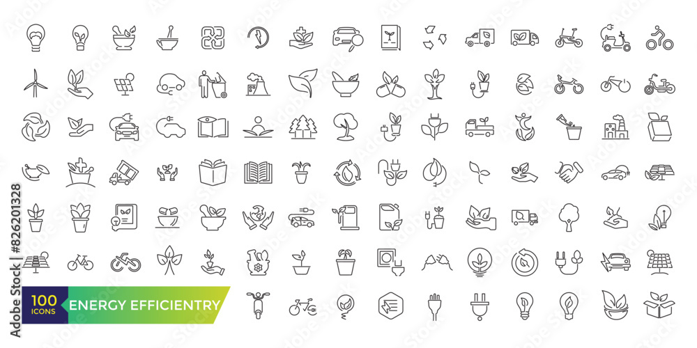 Energy efficiency icon set. energy-saving light bulb, solar panel, circular economy, battery ...