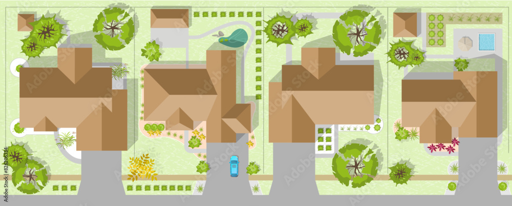 Top view of the city. Plan of town or village with houses, roof, park ...