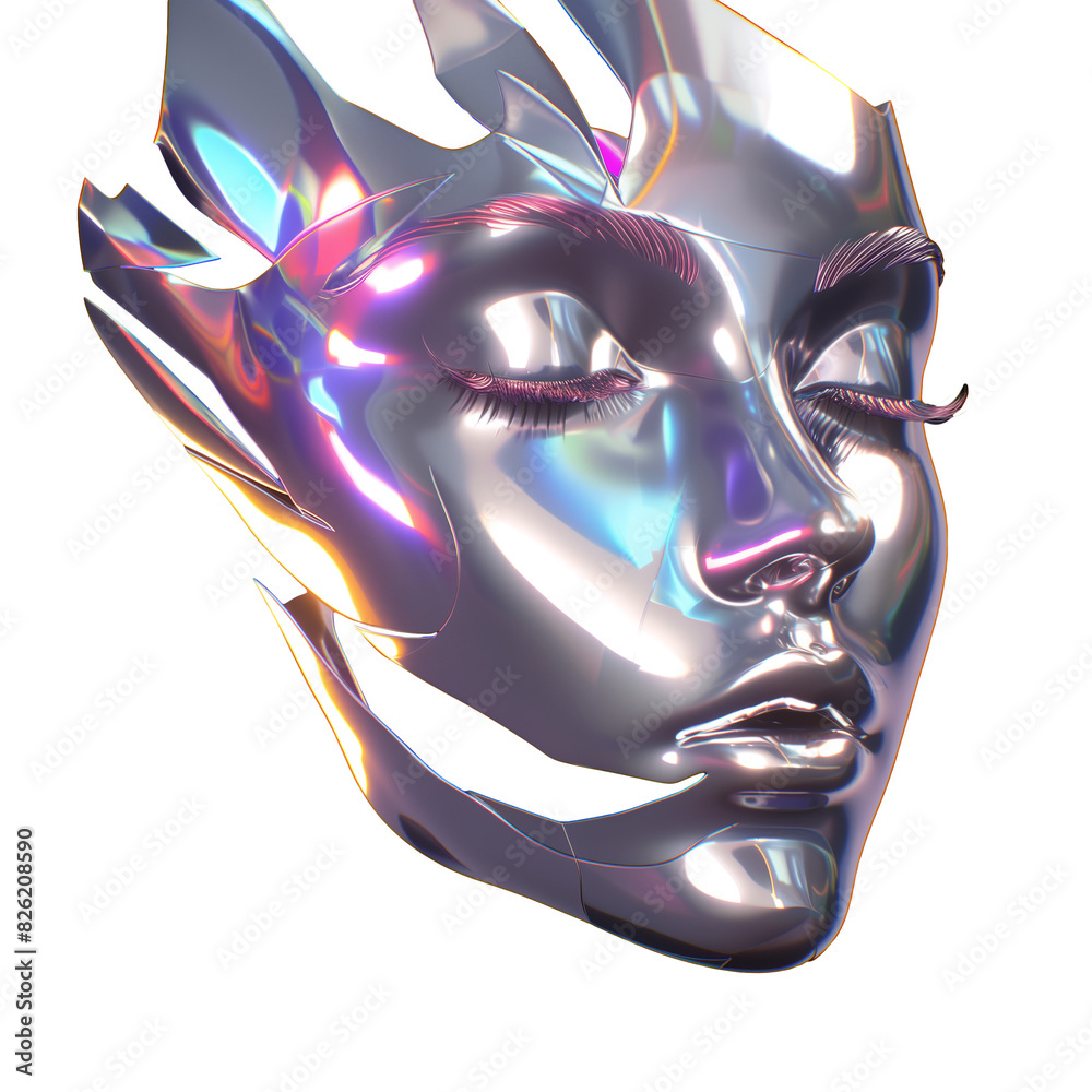 Futuristic chrome woman face isolated. Shiny gloss metal human head ...